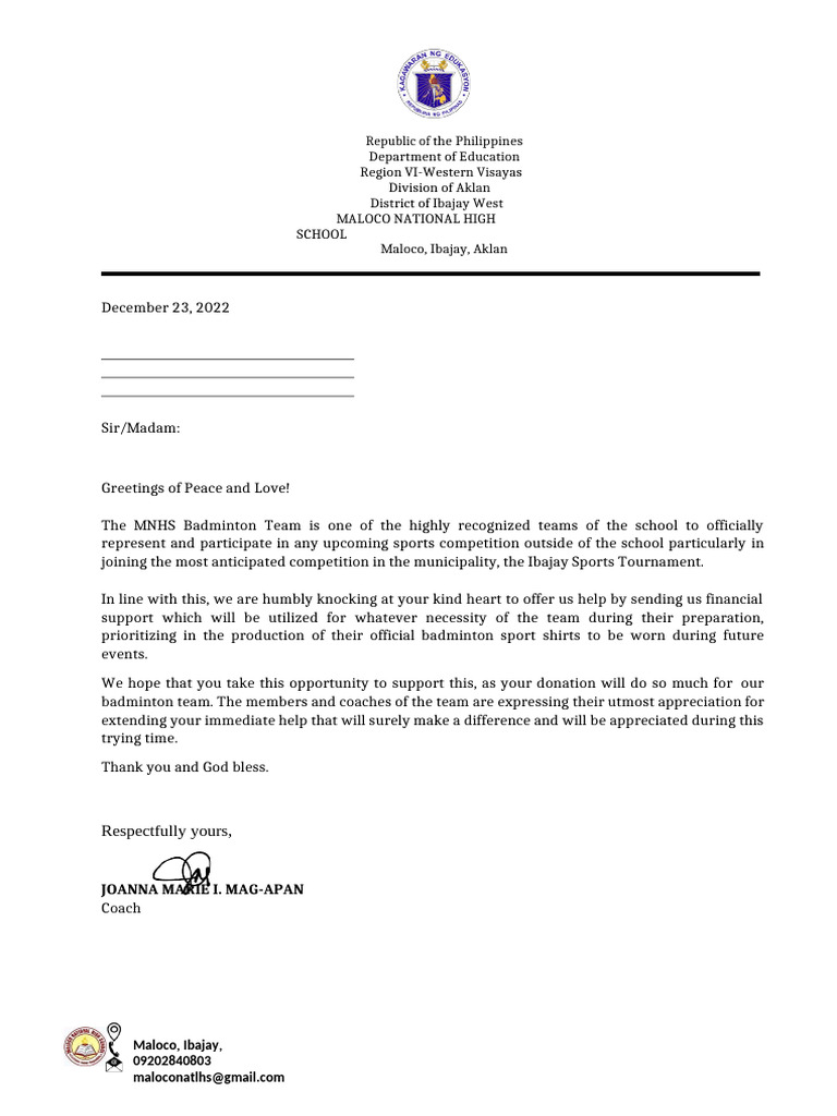 Solicitation for Badminton Team Support | PDF