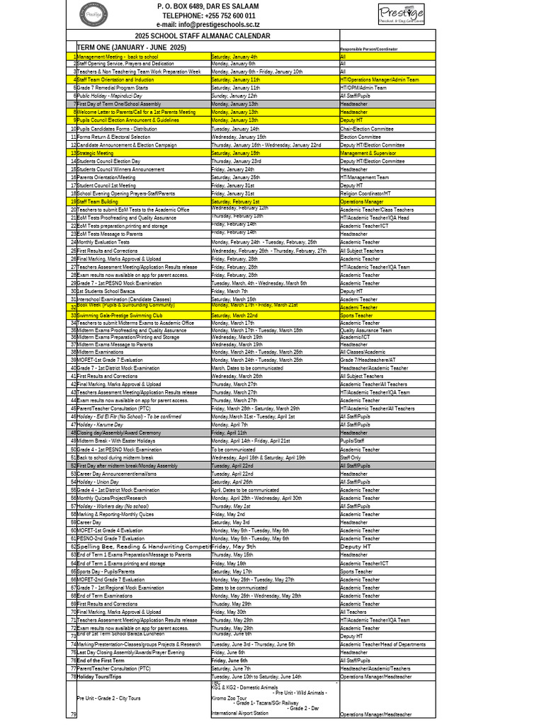 2025 Prestige School Staff Calendar | PDF | Teachers