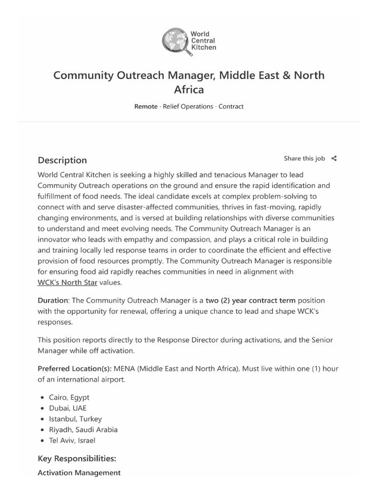 Community Outreach Manager position for MENA region at World Central ...