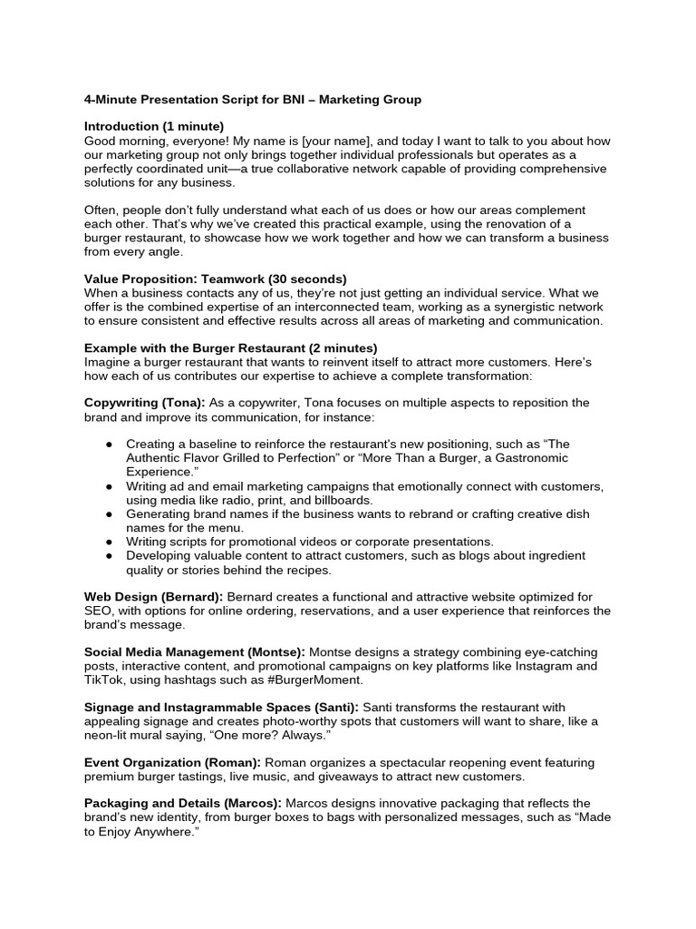 4-Minute Presentation Script For BNI - Marketing Group | PDF ...