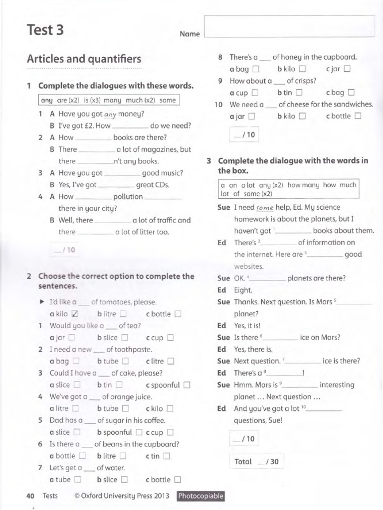 Articles and Quantifiers Practice Test | PDF