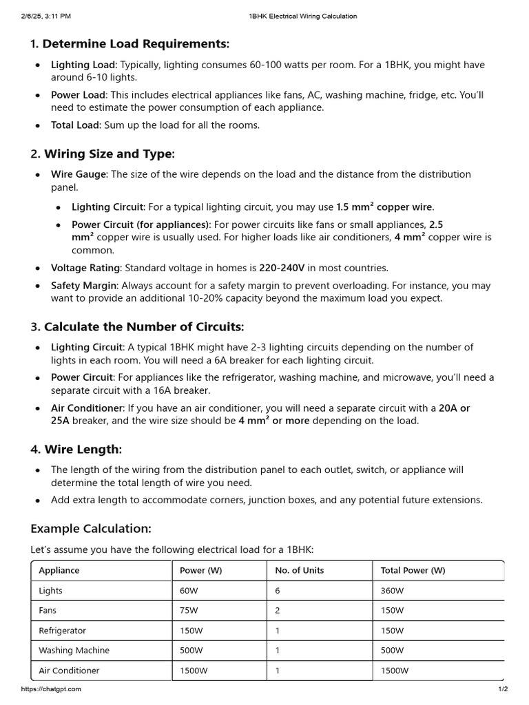 1BHK Electrical Wiring Calculation | PDF | Electrical Wiring | Electric ...