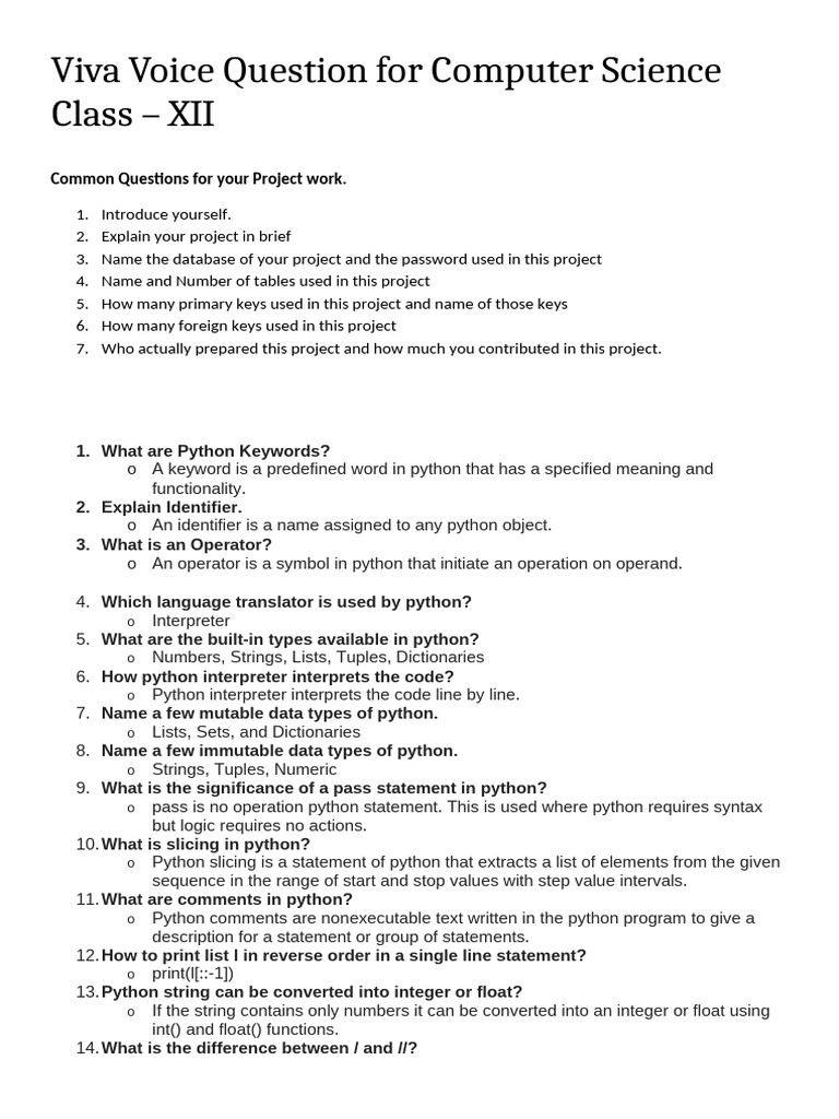 Viva Voice Question For Computer Science Class Pdf Parameter Computer Programming Scope