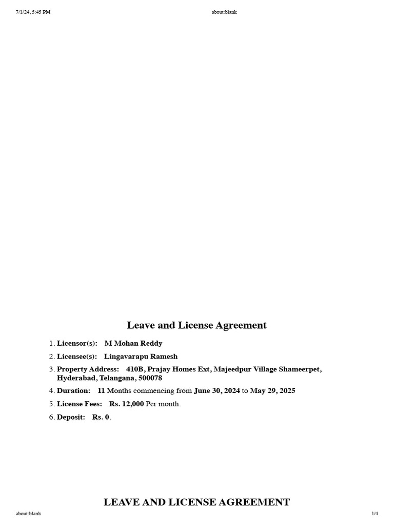 Leave and License Agreement Details | PDF | License | Landlord