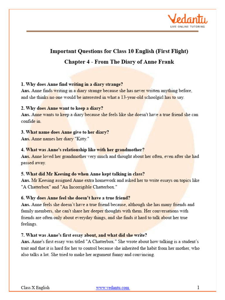Important Questions For Class 10 English (First Flight) Chapter 4 PDF ...