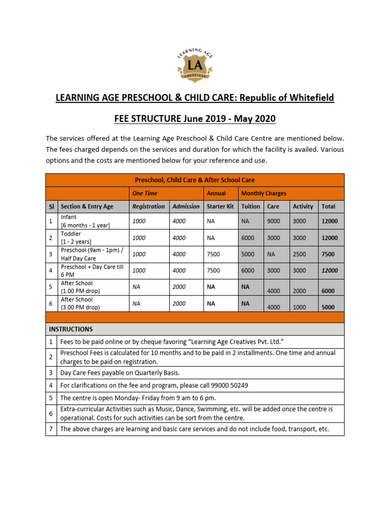 RoW Learning Age Centre - Fees Structure 2019-20 | PDF