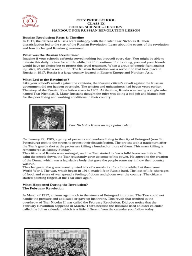 Handout for lesson- Russian Revolution | PDF | Russian Revolution ...