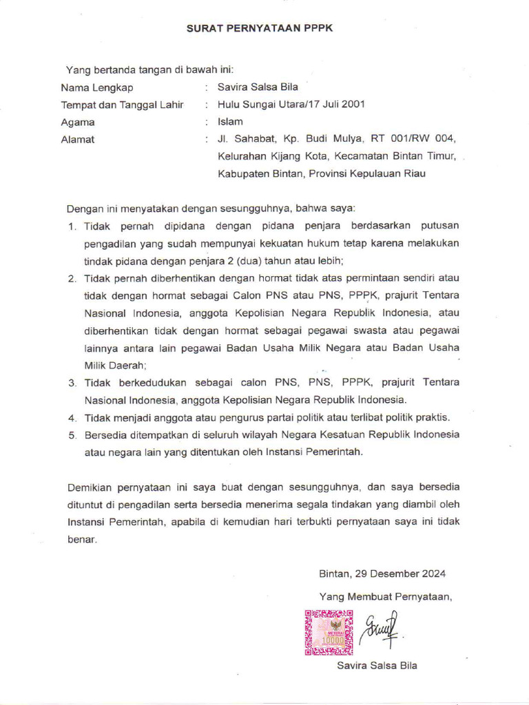 Surat Pernyataan PPPK - Savira Salsa Bila | PDF