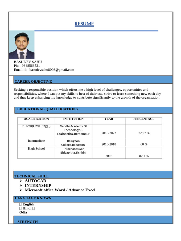 Civil Engineer Resume of Basudev Sahu | PDF