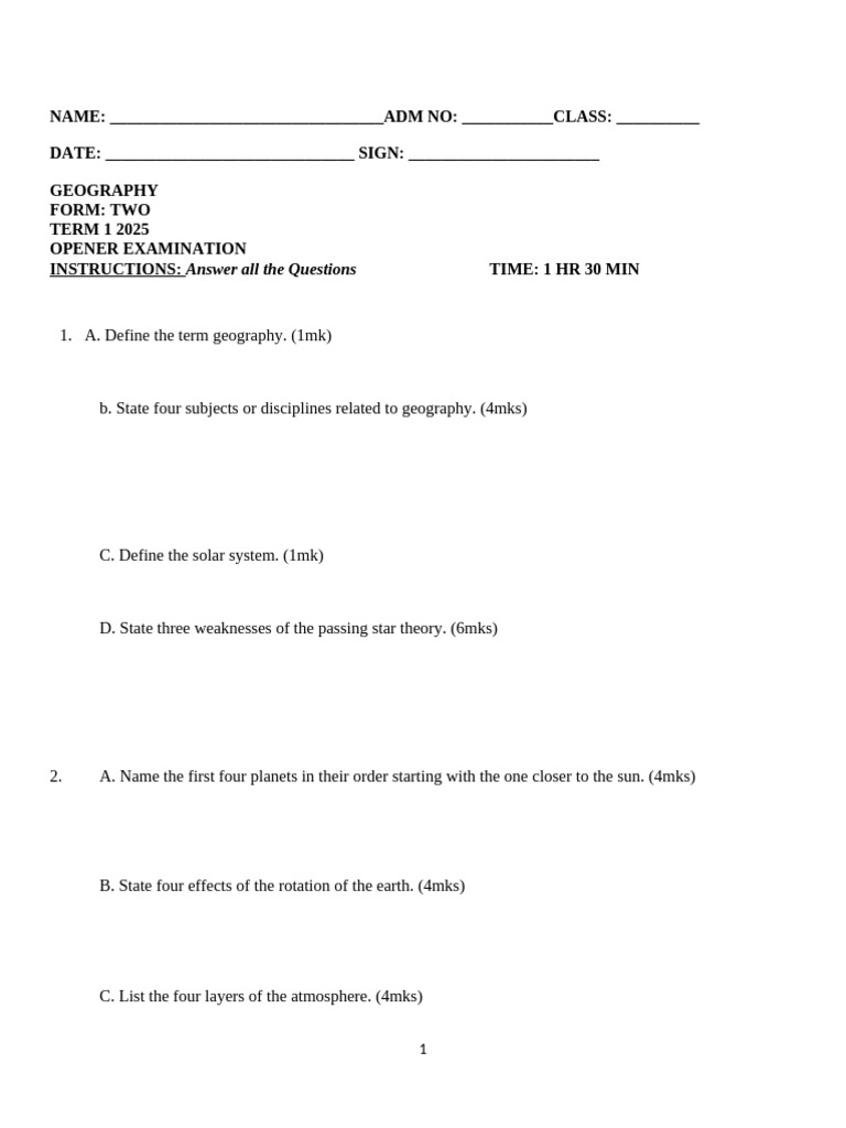 2025 Geography f2 Qs t1 Exam 1 Teacher Co Ke | PDF