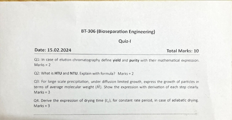 BT306 Quiz 1 2024 Debasish | PDF