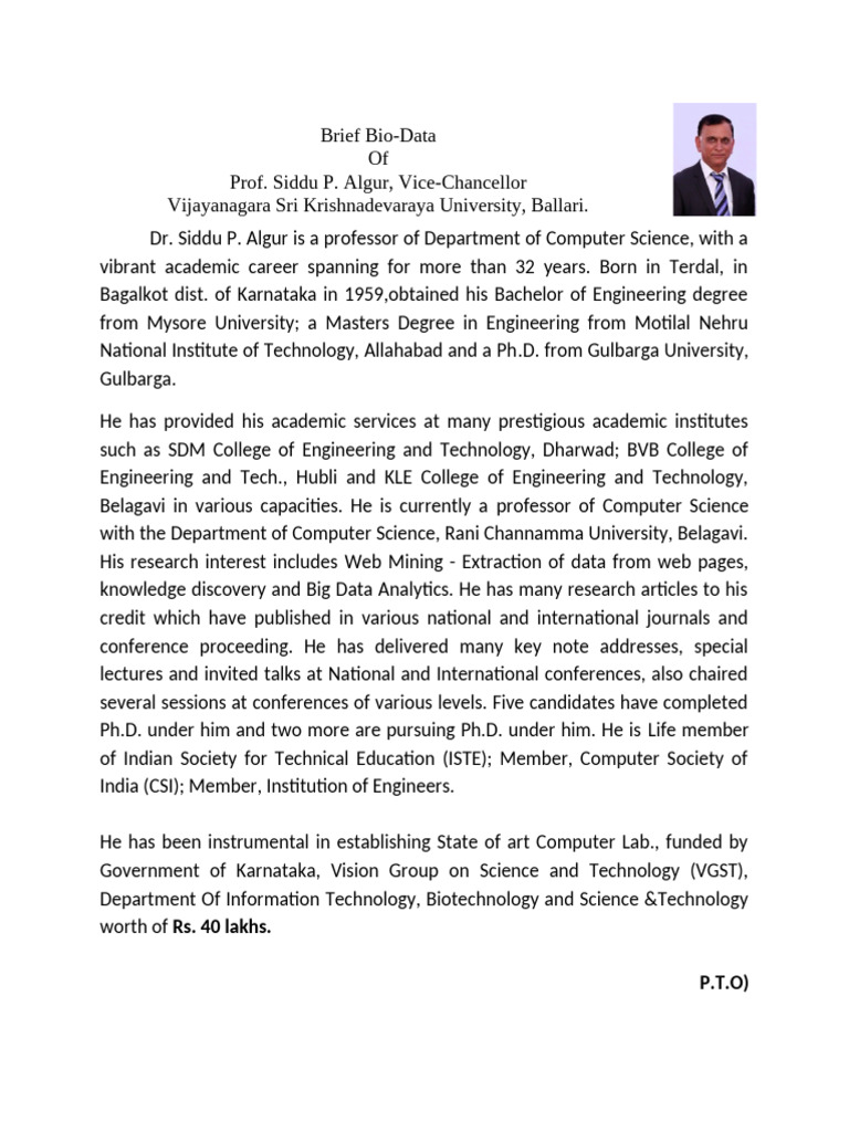 Bio Data of Prof - Siddu P.Algur | PDF | Academia | Higher Education