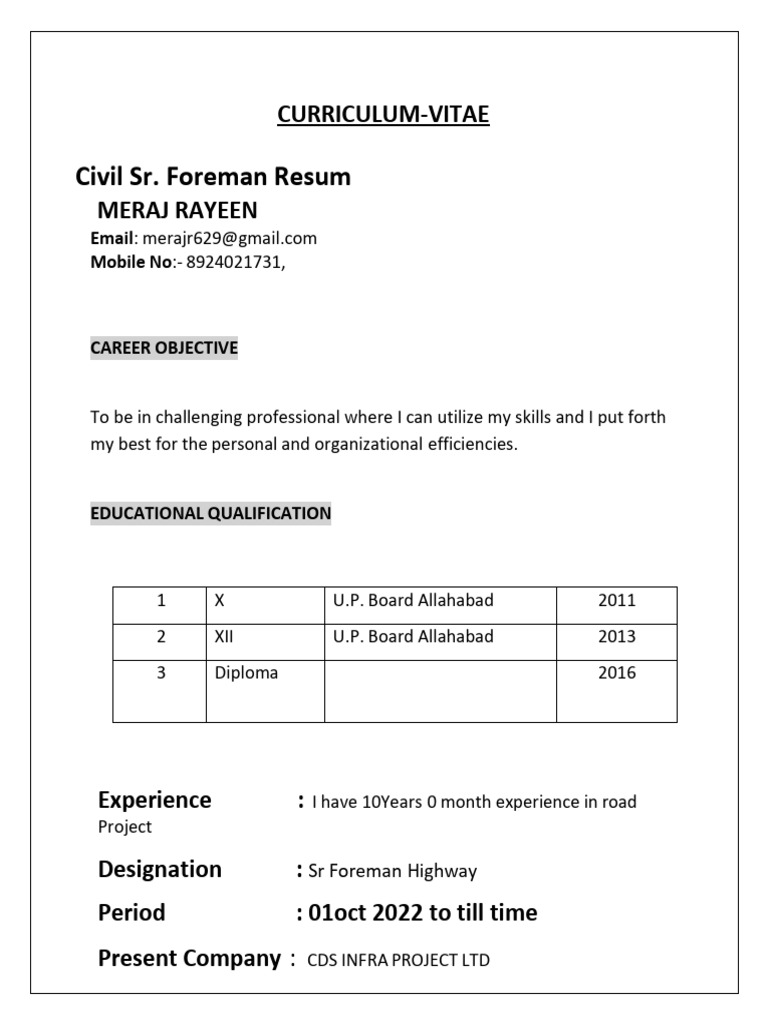 Civil Sr. Foreman Resume - Meraj Rayeem | PDF | Road Infrastructure