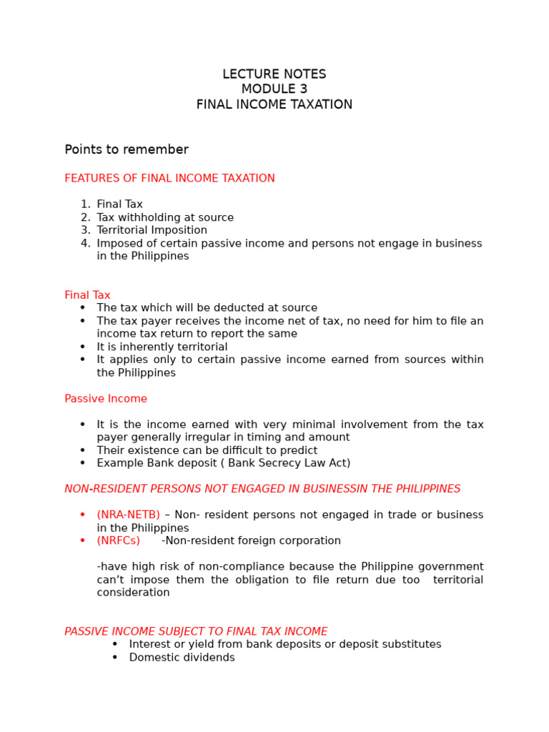 Lecture Notes Incotax Module 3 | PDF | Income Tax | Taxes