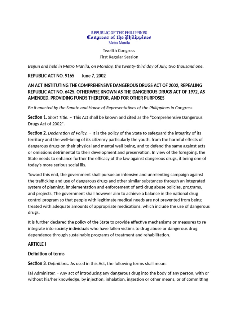 RA 9165 Comprehensive Dngerous Drug Act of 2002 | PDF | Asset ...