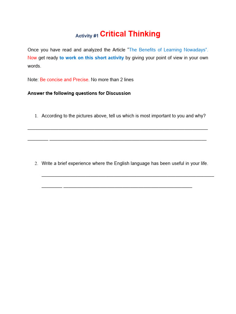 Critical Thinking and Idioms Activity | PDF