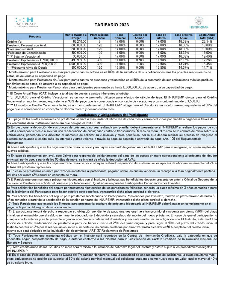 Tarifario INJUPEMP 2023 | PDF | Pagos | Hipotecas
