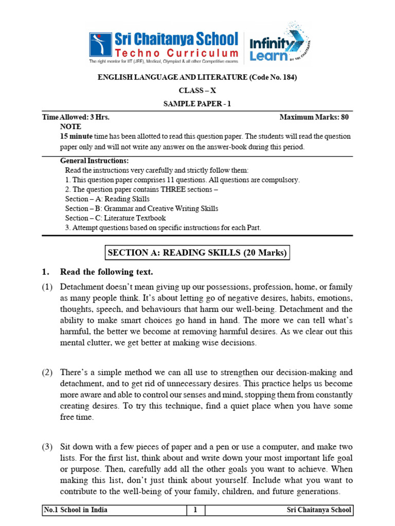 CBSE English Class X Sample Paper - 1 | PDF | Brand | Reason