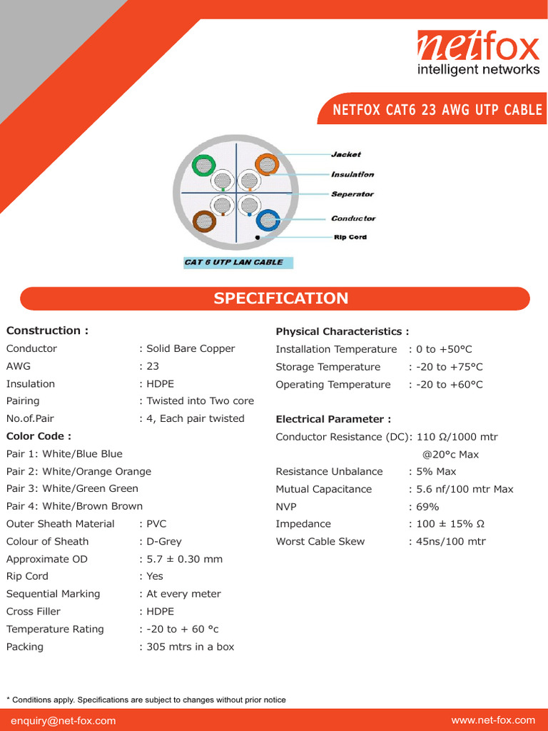 NETFOX CAT6 23 AWG UTP Cable Specs | PDF | Electrical Conductor ...