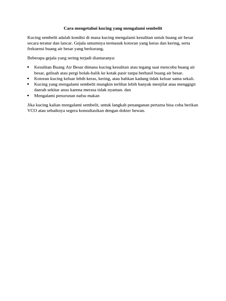 Cara Mengetahui Kucing Yang Mengalami Sembelit | PDF