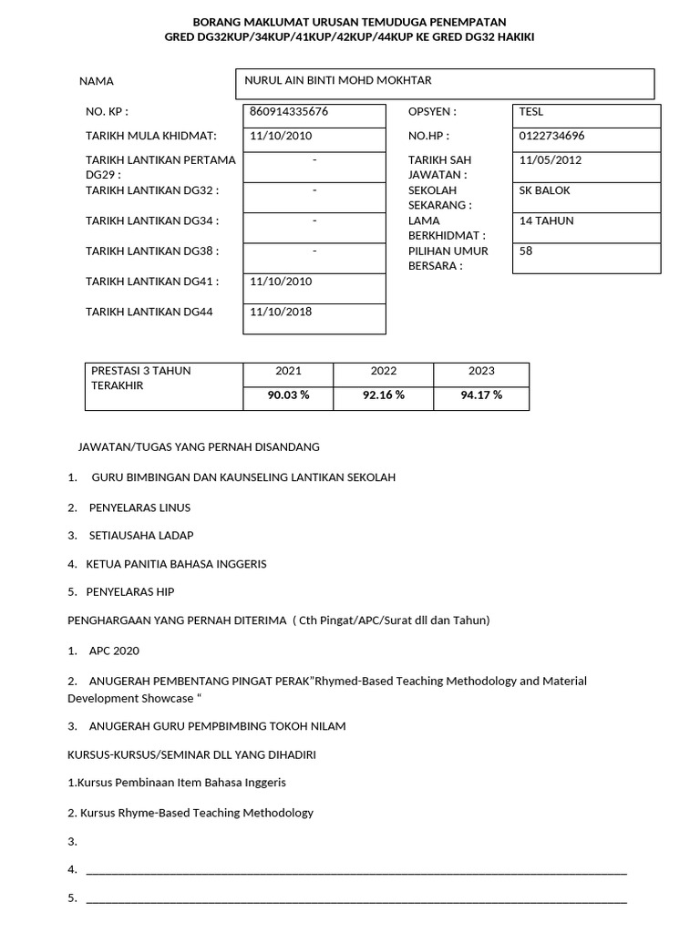 Borang Maklumat Urusan Temuduga Penempatan Hakiki DG32 | PDF