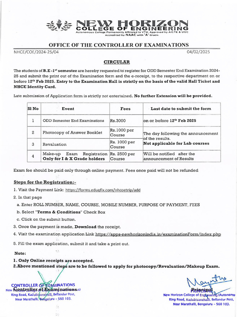 I Sem SEE Fee Notification AY 2024-25 | PDF