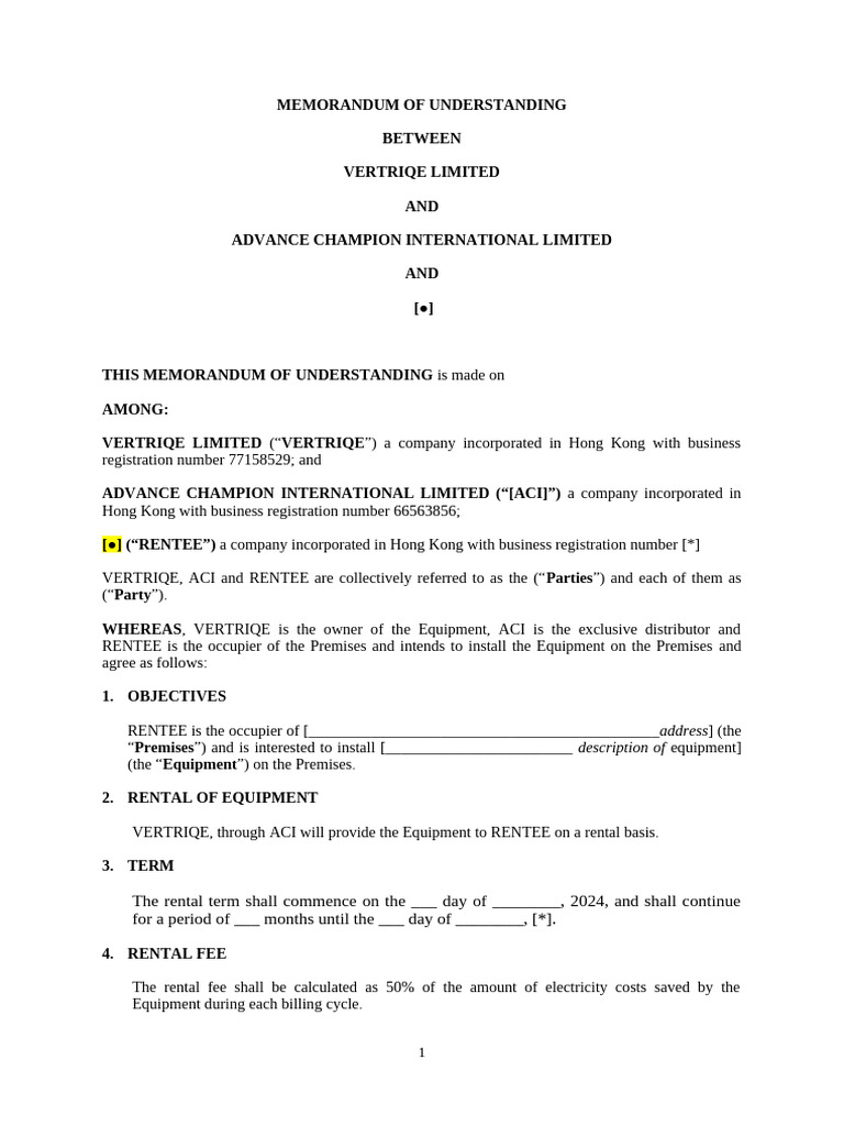 MOU - VERTRIQE ACI RENTEE - Draft v1.2 - Revised Clay | PDF | Private ...