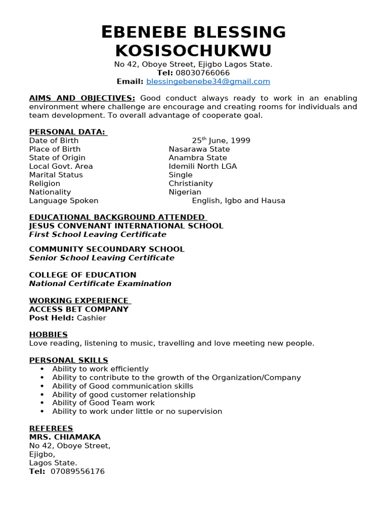 CV of Ebenebe Blessing: Skills & Experience | PDF