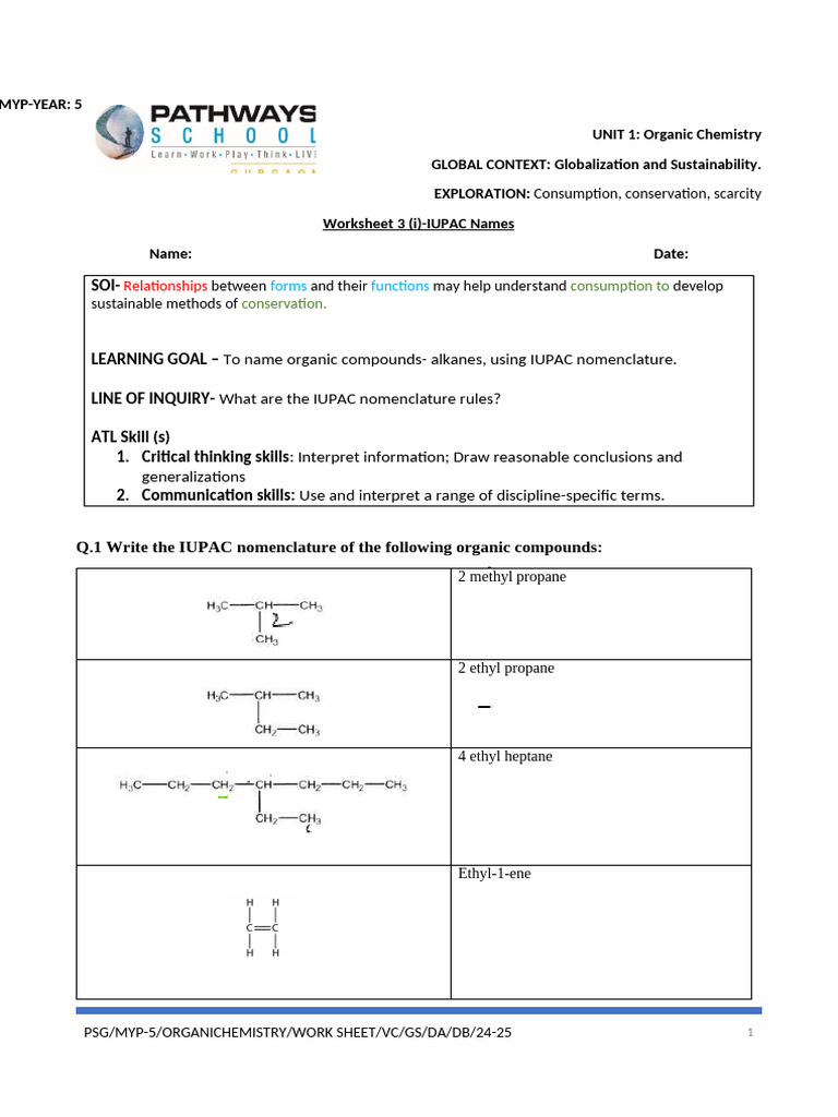 IUPAC Nomenclature Worksheet for Alkanes | PDF