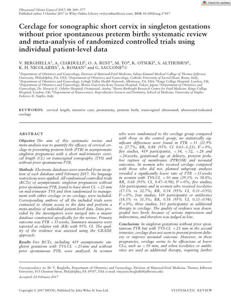 Ultrasound in Obstet Gyne - 2017 - Berghella - Cerclage For Sonographic Short Cervix in ...