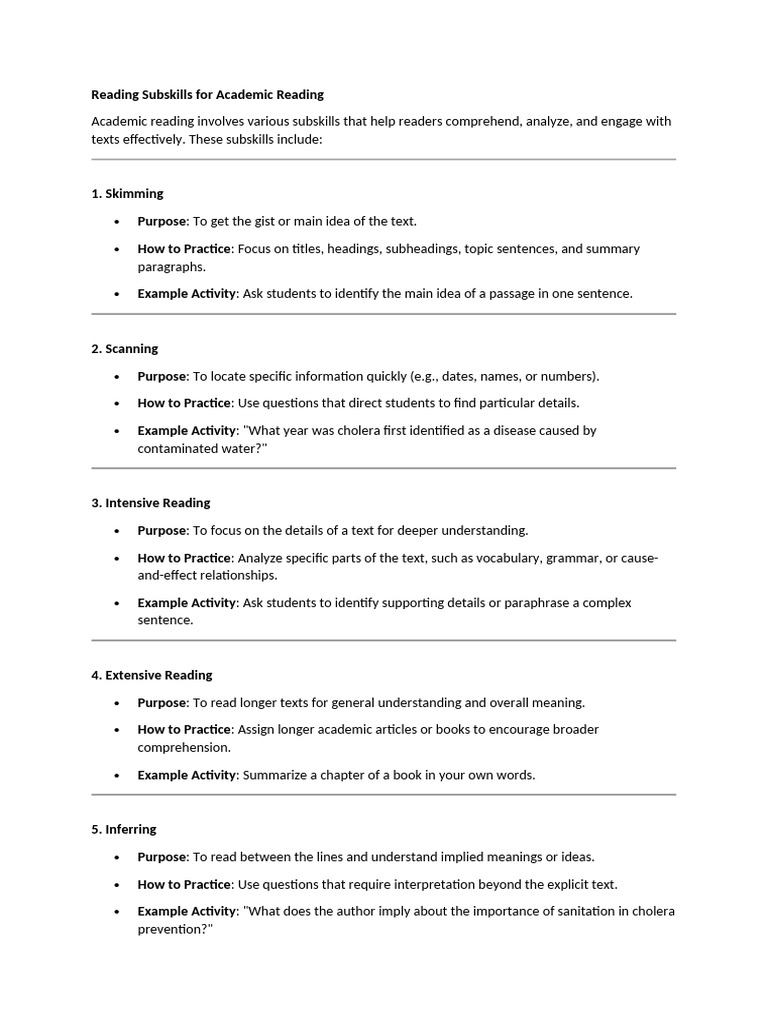 Academic Reading Subskills Explained | PDF | Speed Reading | Cognition