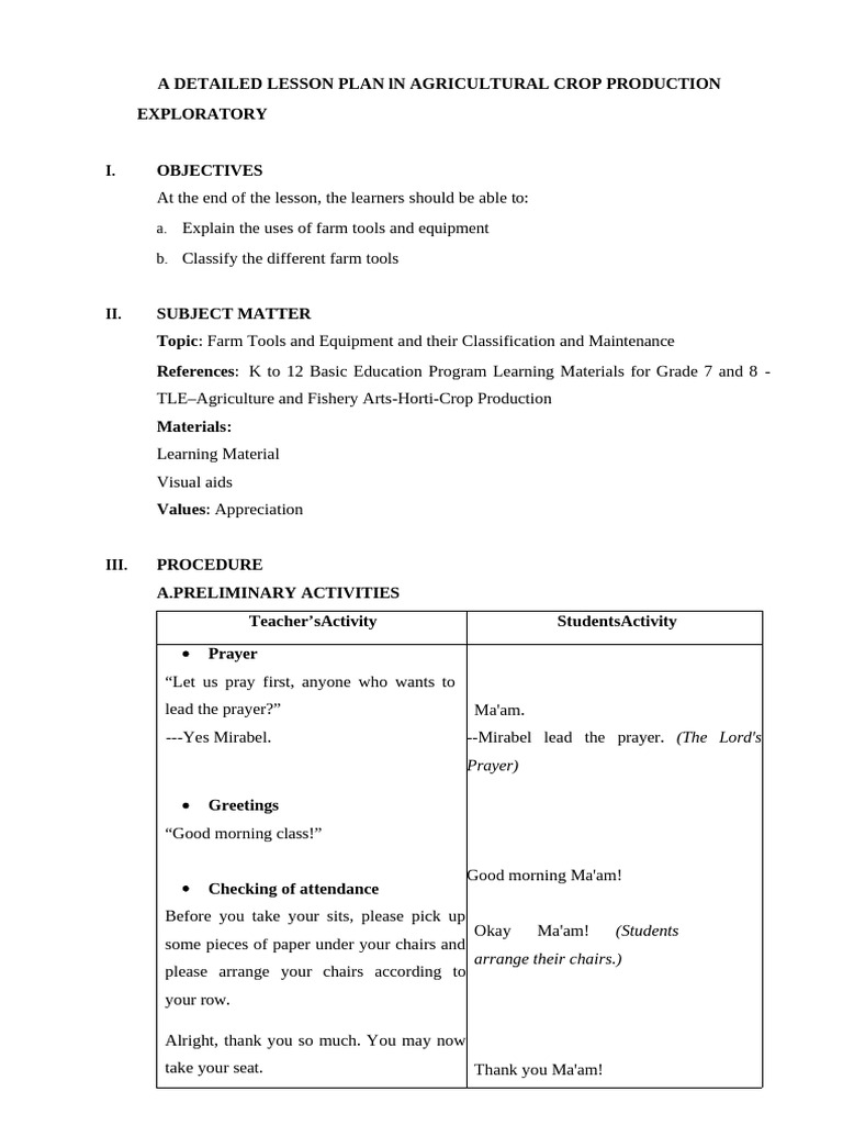 A Detailed Lesson Plan in Agricultural Crop Production Exploratory I ...