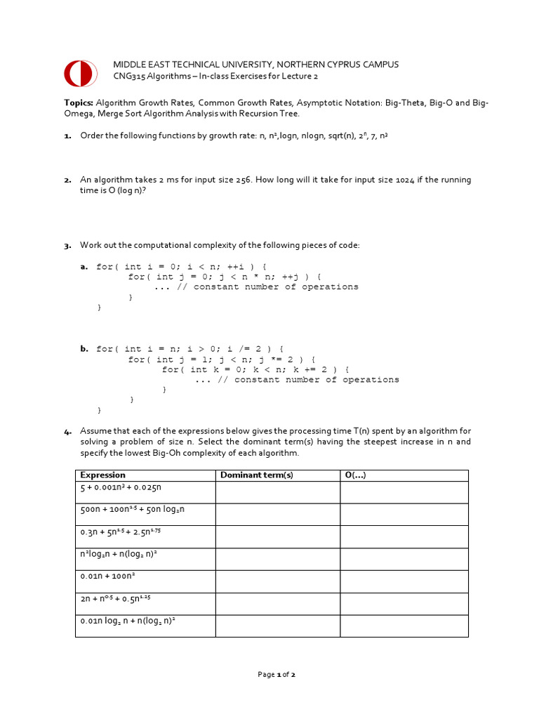CNG315 Lecture2 InclassExercises | PDF