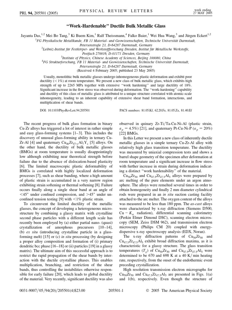 Work-Hardenable Ductile Metallic Glass | PDF | Solid Mechanics | Materials