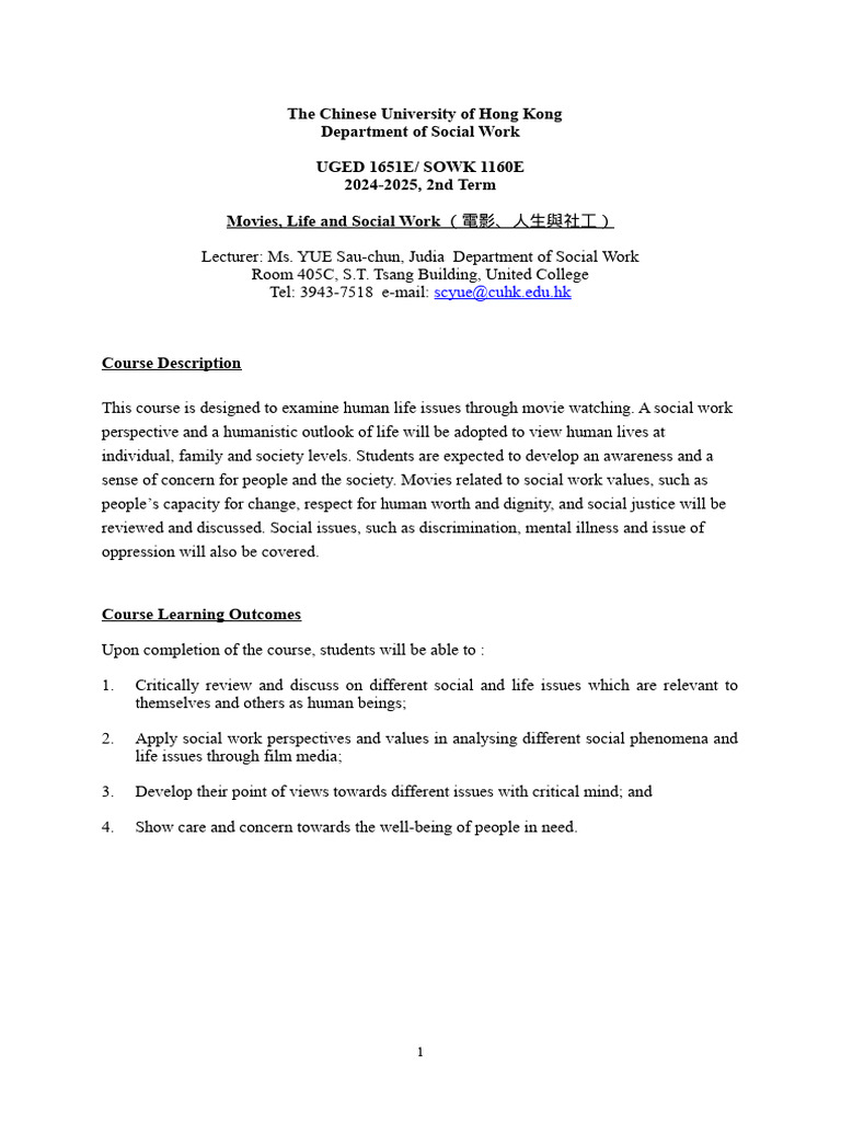 Movies, Life and Social Work - Course Outline - Jan 2025 - Tagged | PDF ...