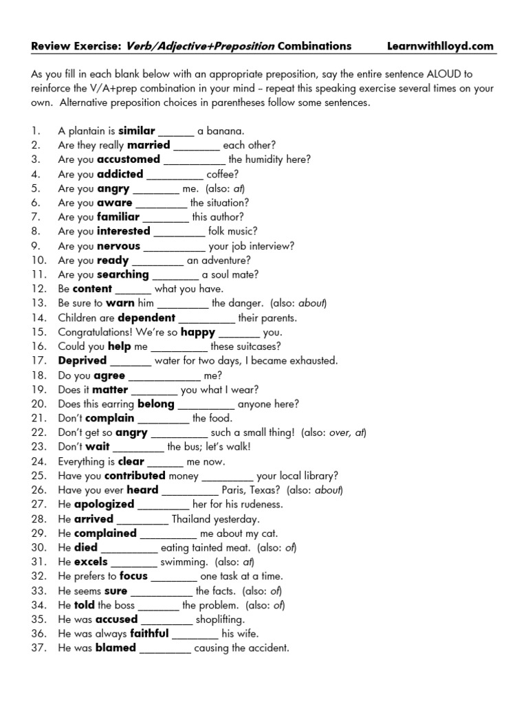 Verb/Adjective+Preposition Exercise | PDF
