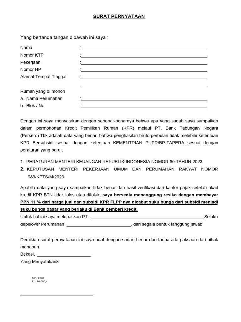 Surat Pernyataan KPR Bersubsidi BTN | PDF