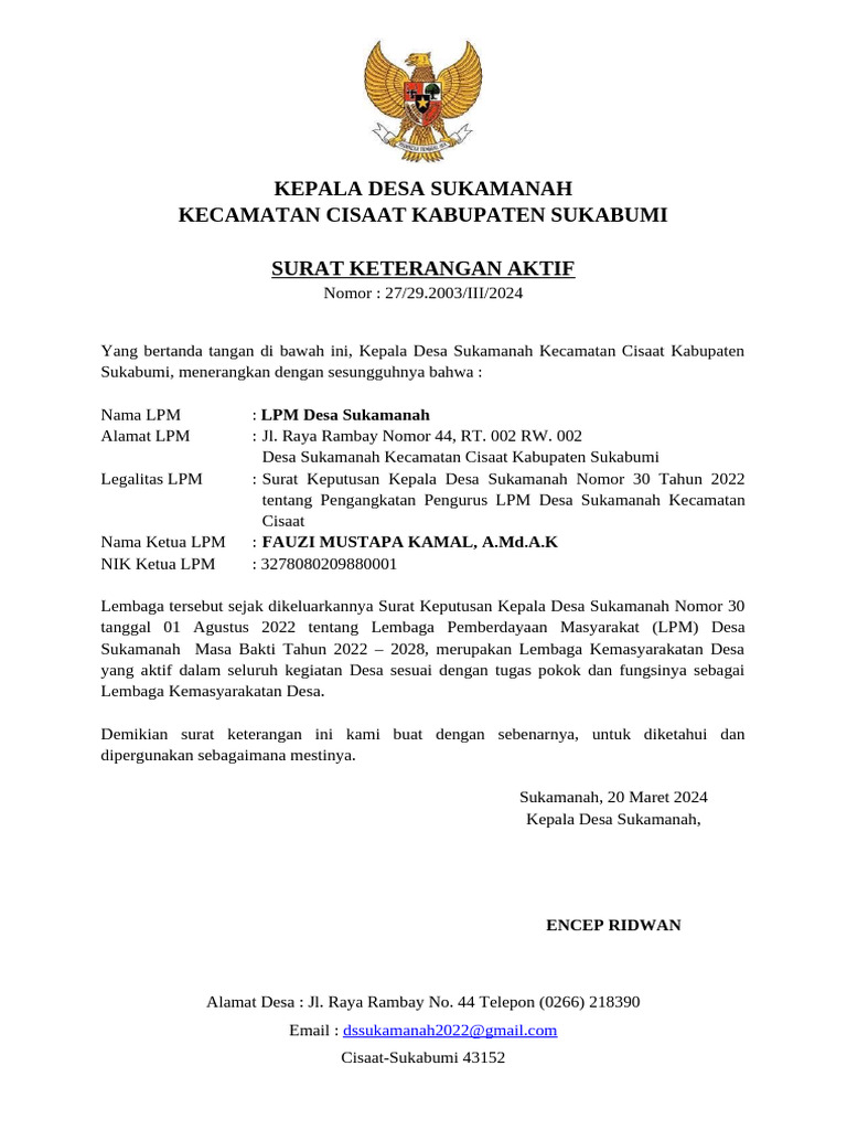 Contoh Surat Keterangan Aktif LPM Desa-Rev | PDF