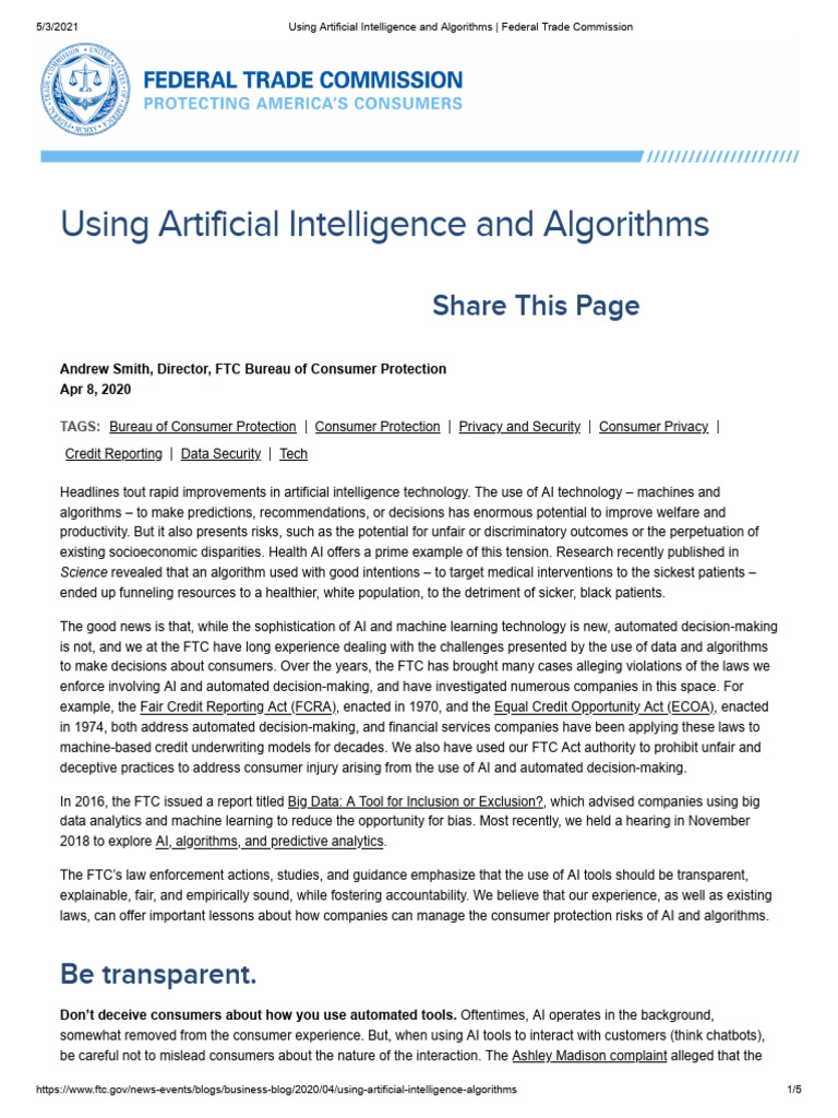 Using Artificial Intelligence and Algorithms - Federal Trade Commission ...