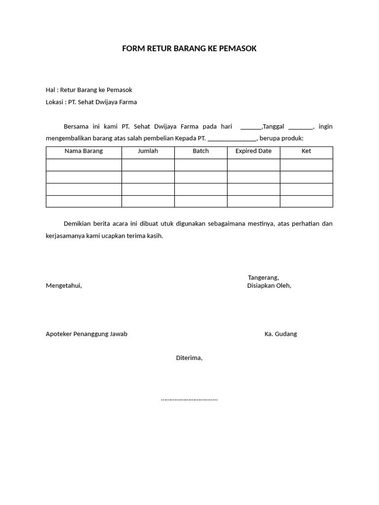 Form Retur Barang Ke Pemasok | PDF