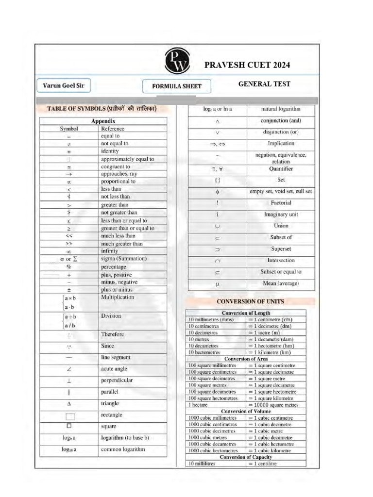 Formula Sheet - Formula Sheet of GT - PDF Only | PDF