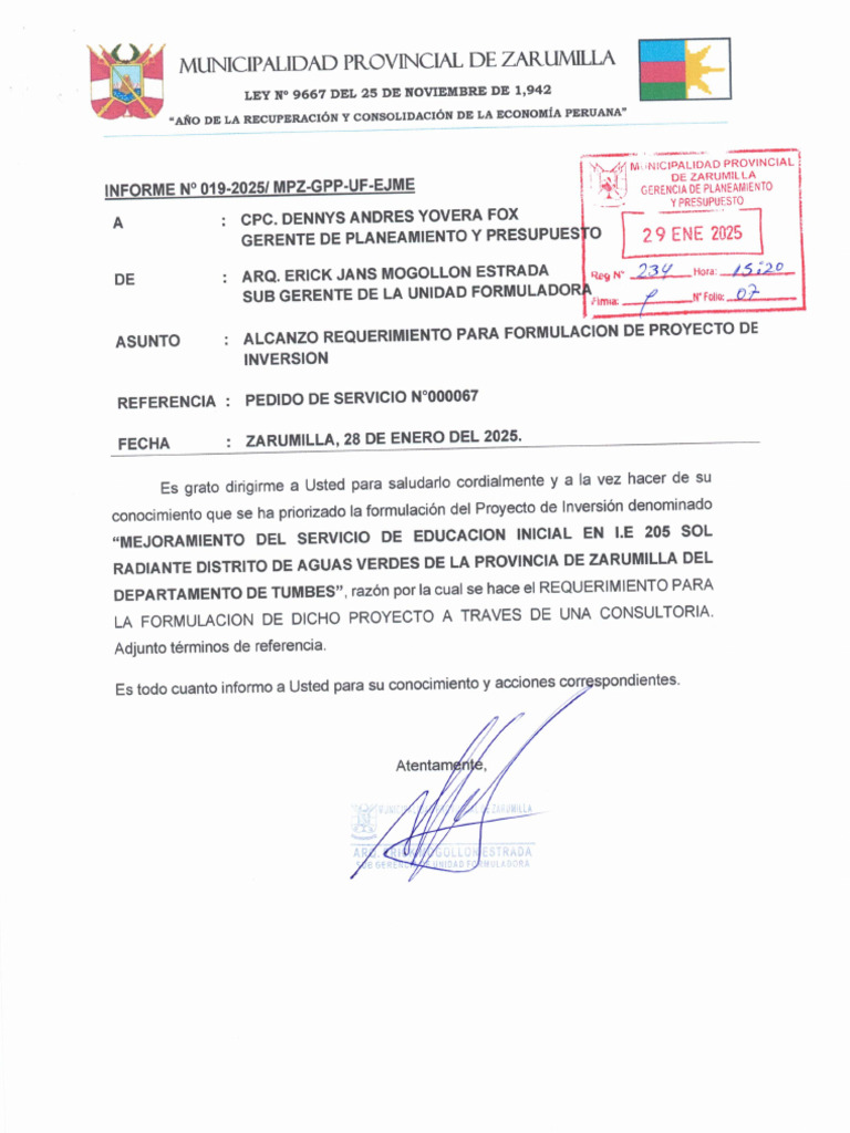 Informe N°019-2025-Mpz-Gpp-Uf-Ejme | PDF