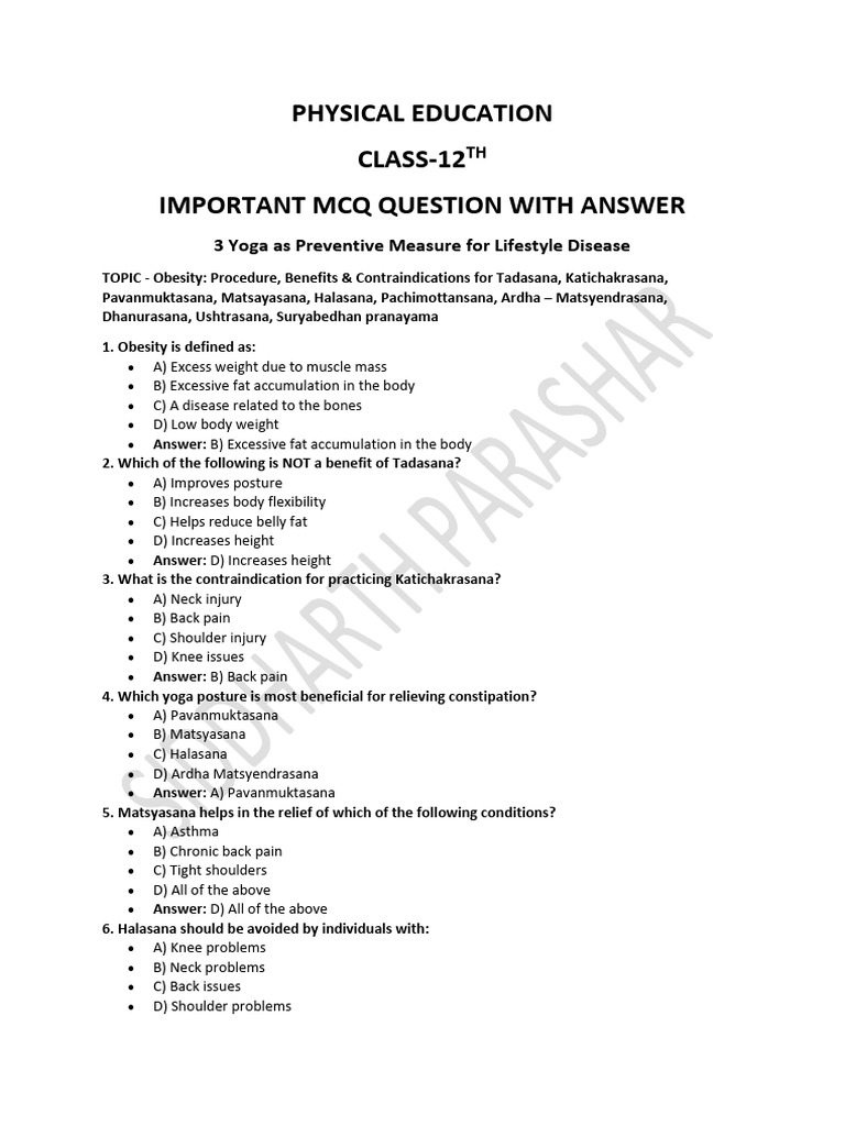 MCQs on Yoga for Lifestyle Diseases | PDF | Asana | Thorax
