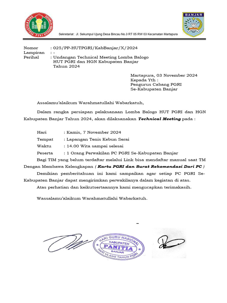 Undangan Technikal Metting Lomba Balogo HUT PGRI Dan HGN 2024 | PDF