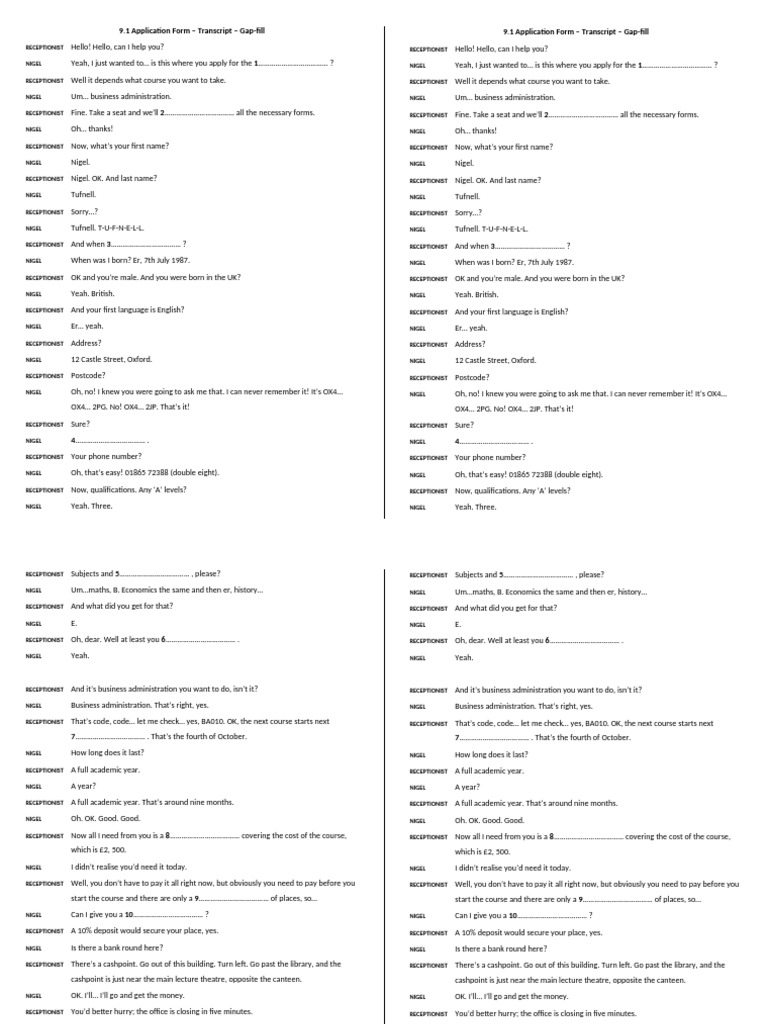 9.1 Application Form - Transcript - Gap-Fill | PDF