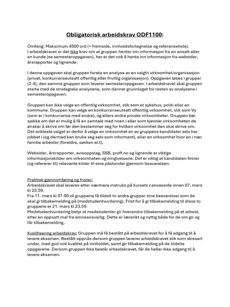 Obligatorisk Arbeidskrav ODF1100 Vår 25 | PDF