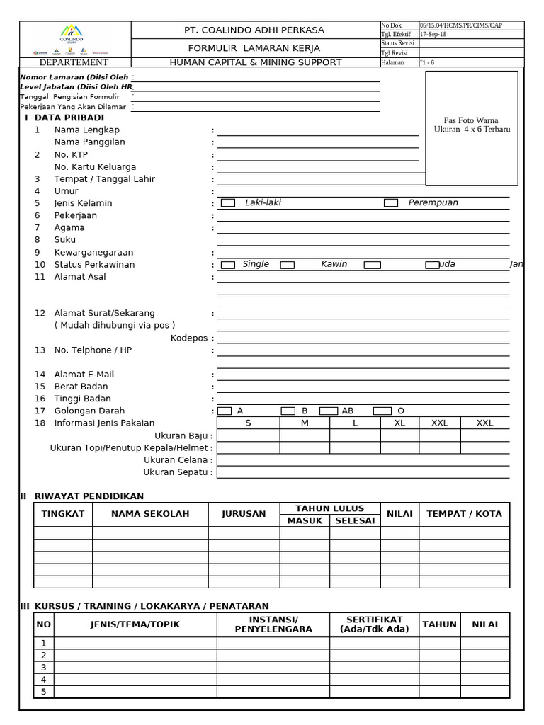 Application Form - Coalindo Group | PDF