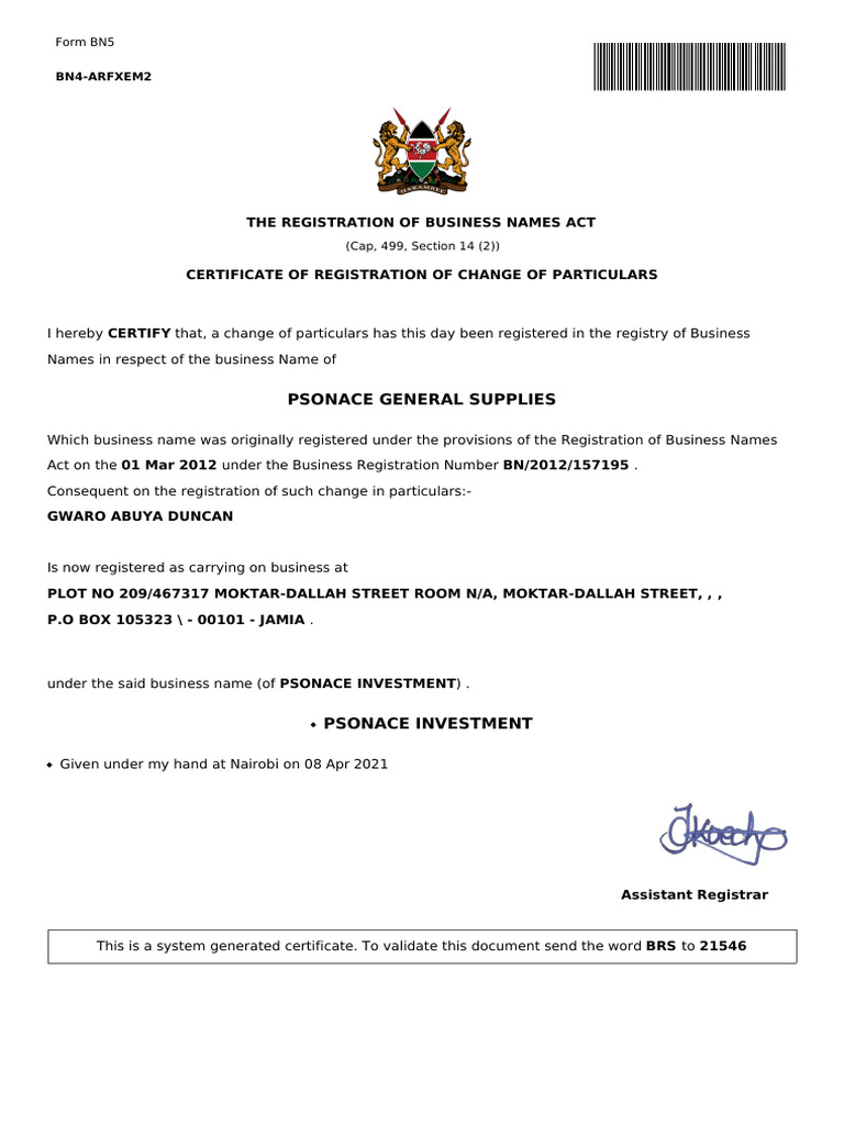 Certificate of Change of Business Particulars | PDF