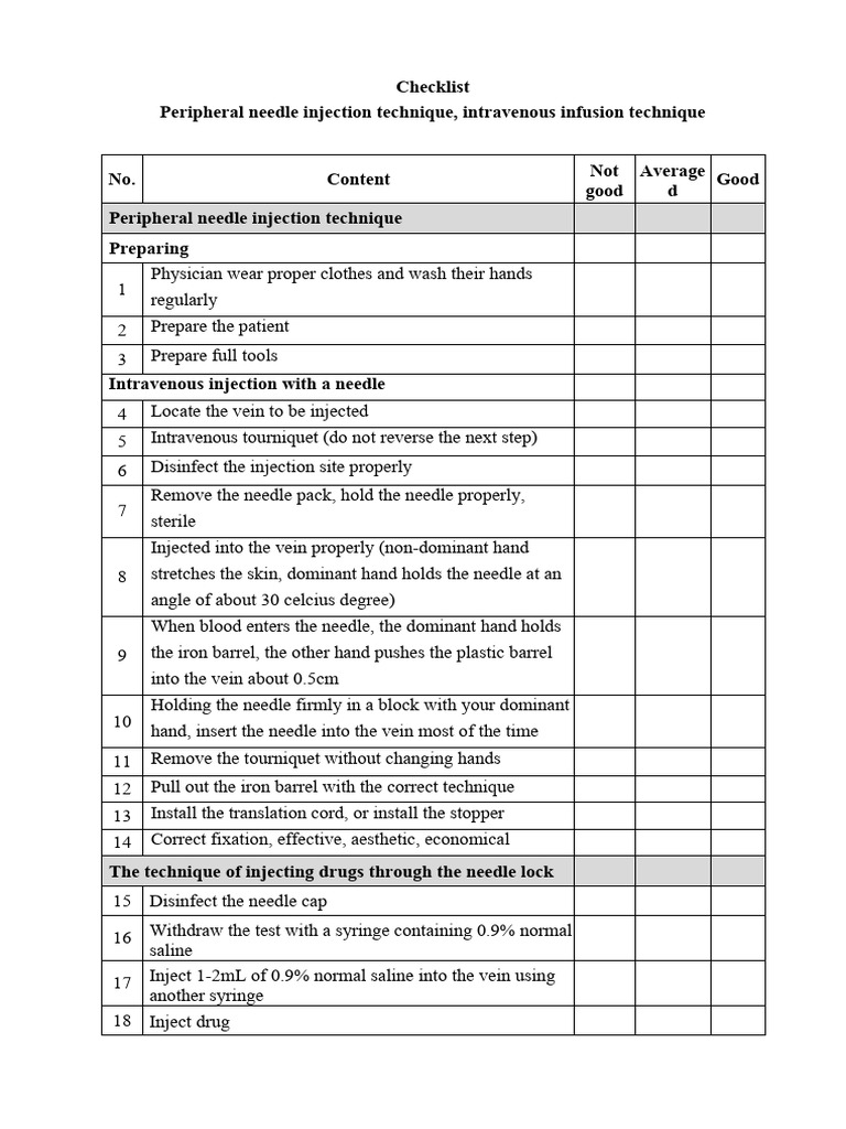 Lesson 1.3 Checklist Peripheral Needle Injection Technique, Intravenous ...