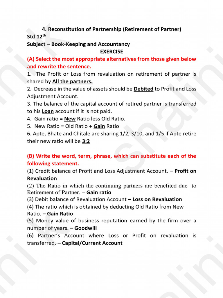 4 Reconstitution of Partnership Retirement of Partner, Class 12 | PDF